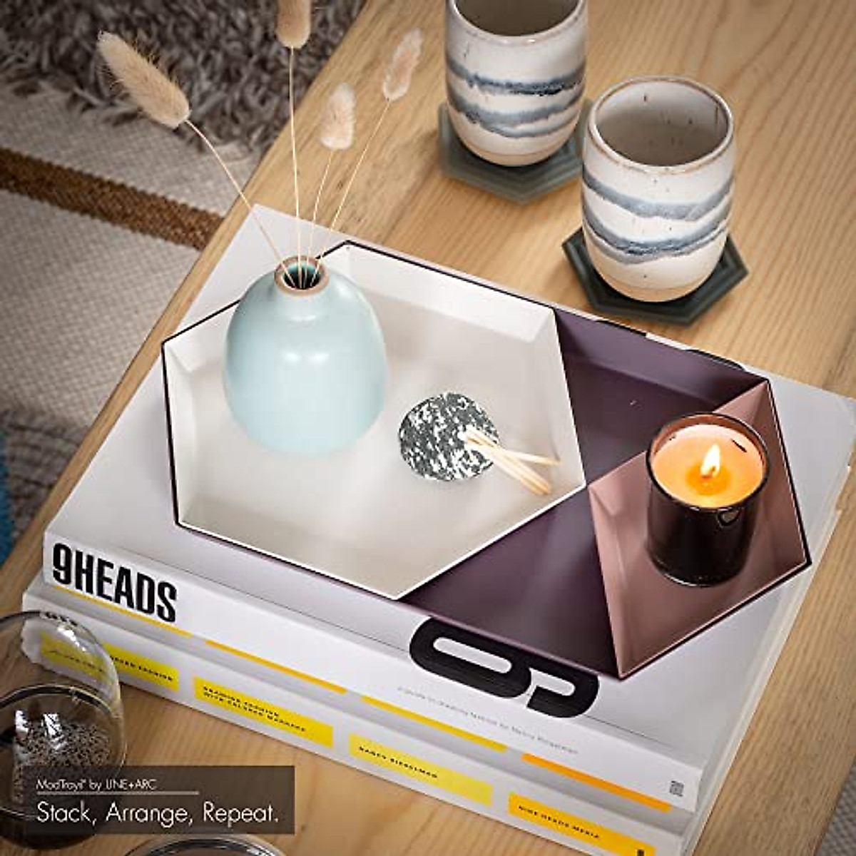 LINE+ARC ModTrays (Taro & Fig) Metal Stacking Decorative Trays for Coffee Table, Nesting, Geometric, Modern, catchall for Vanity, Jewelry, Ottoman, Housewarming