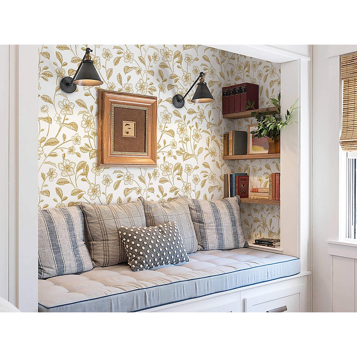 Heroad Brand Floral Peel and Stick Wallpaper Boho Contact Paper White and Gold Leaf Wallpaper Clearance Peel and Stick Wallpaper for Cabinets Shelf Liner Vinyl Roll Self Adhesive 78.7"x17.3"