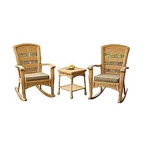 Tortuga Outdoor Portside Plantation 3pc Rocking Chair Set - White, Dark Roast and Amber Wicker with Cushions (Amber)
