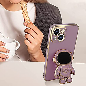 AIGOMARA 6D Plating Astronaut Hidden Stand Case Cover for iPhone 13 Women Astronaut Folding Bracket Kickstand iPhone Case with Camera Protector Soft TPU Shockproof Bumper 6.1 in 2021 - Purple