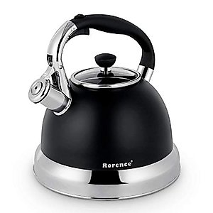 Rorence Stainless Steel Whistling Tea Kettle: 3.5 Quart Tea Pot with Capsule Bottom & Glass Lid for Stovetop - Black