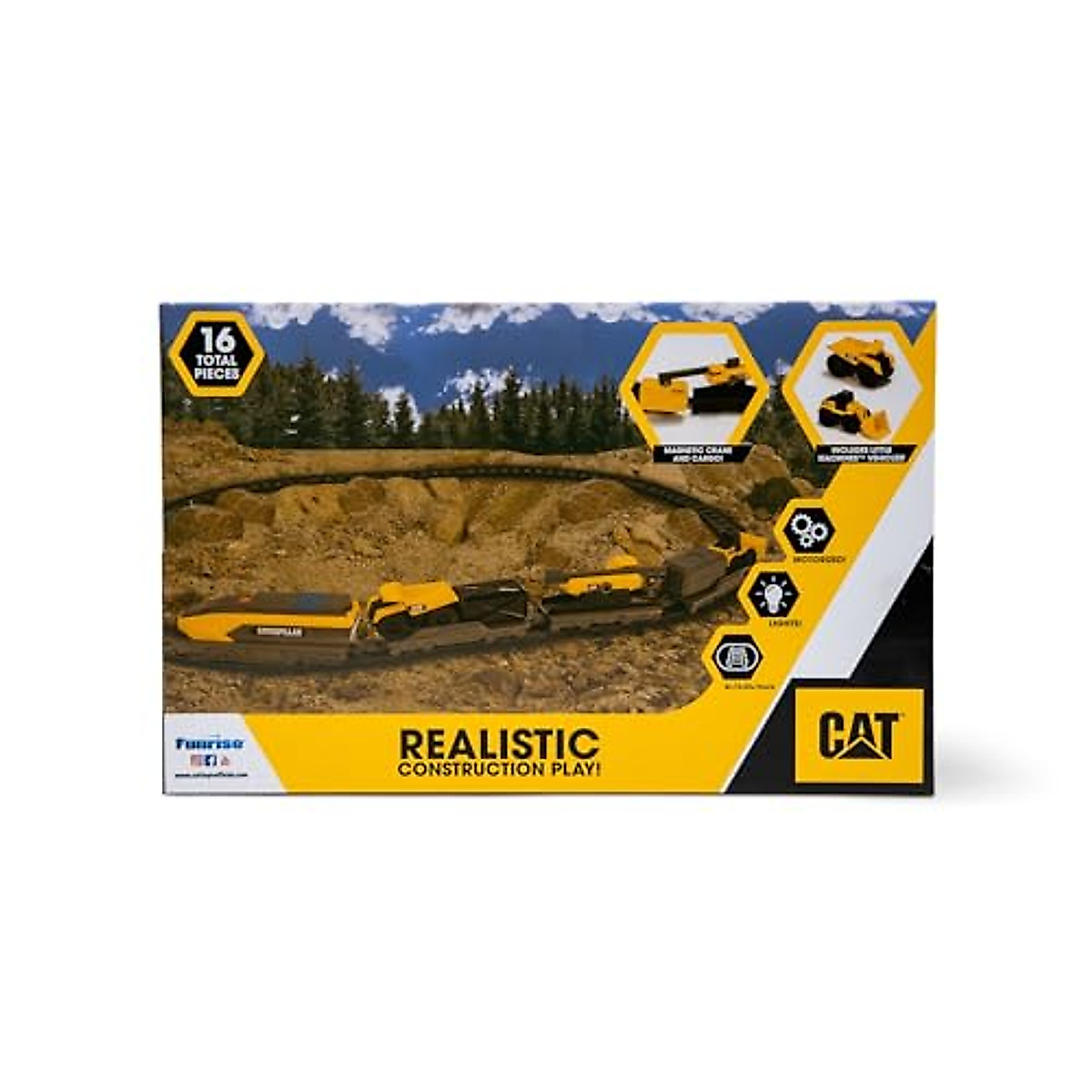 CAT Construction Toys, Little Machines Power Tracks Battery Operated Train Set, Engine with working headlight, 3 Rail Cars, Working Crane, 2 Magnetic Cargo Containers, and 2 CAT Trucks for Kids