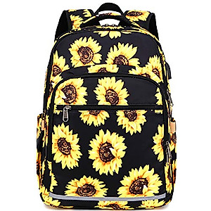 BLUBOON Backpack for Women 15.6 Inch Laptop Bookbag College School Backpack Girls Floral Schoolbag Compartment Daypack for Business Travel with USB Charging Port and Headphone Interface Sunflower