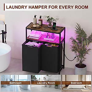 Qupui Laundry Hamper 2 Section with Shelf and LED Light, Laundry Sorter with 2 Pull Out and Removable Bags, Laundry Basket Organizer table with charging station for Laundry, Bedroom, Bathroom