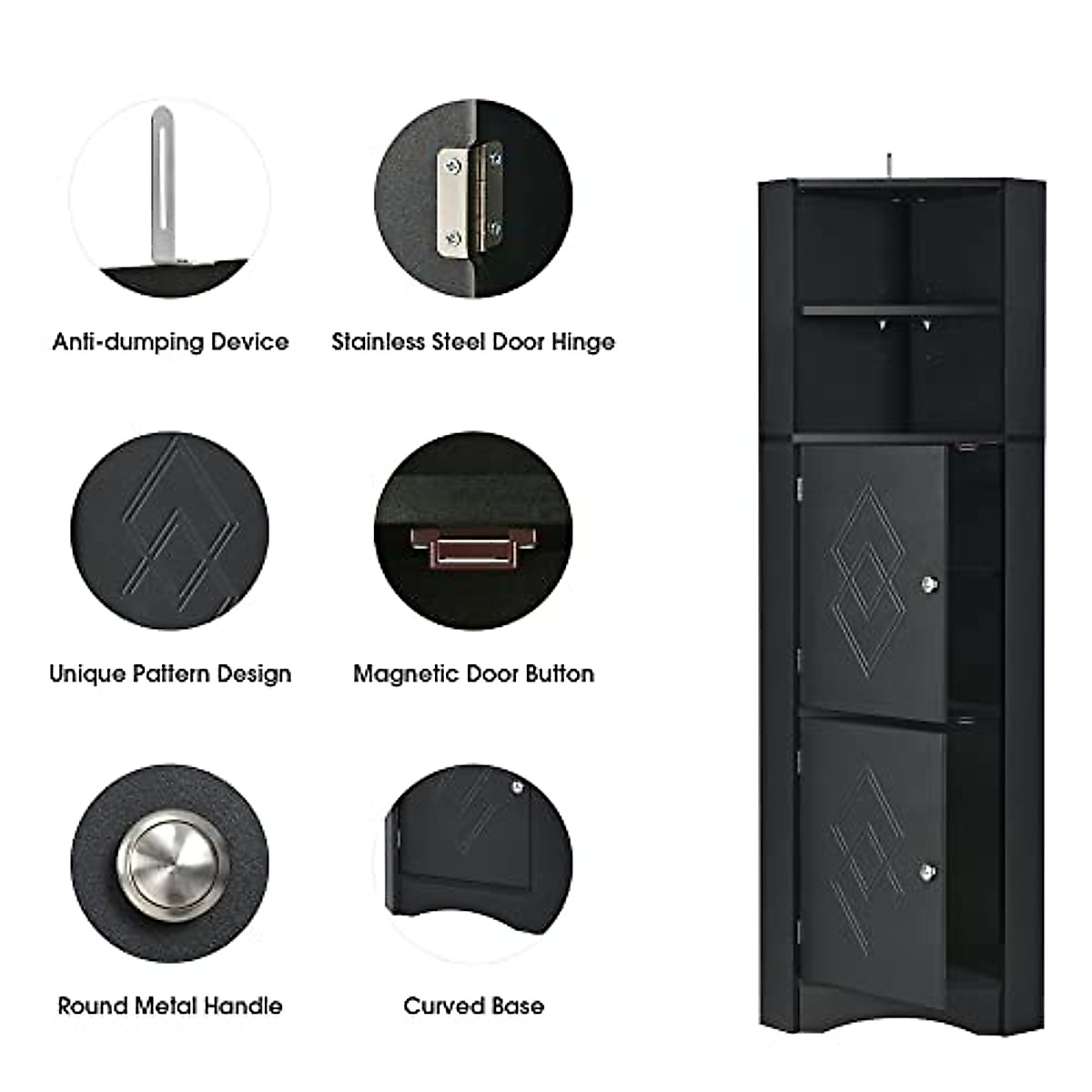 Lifeand Tall Bathroom Corner, Freestanding Doors and Adjustable Shelves, 61.02" H Triangle Storage Cabinet, Black