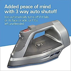 Hamilton Beach Steam Iron & Vertical Steamer for Clothes with Scratch-Resistant Durathon Soleplate, 3-Way Auto Shutoff, Anti-Drip, Digital Temp. Control, 10’ Retractable Cord 1700W, Silver