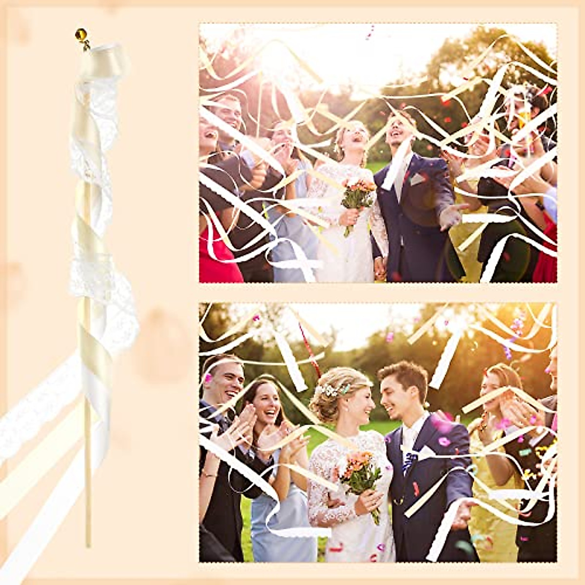 100 Pieces Party Streamers with Bells Lace Ribbon Stick Wands with Bells Silk Fairy Stick Wand Streamers for Wedding Party Baby Shower Send Off Party Activities Holiday Celebration Favors (Champagne)
