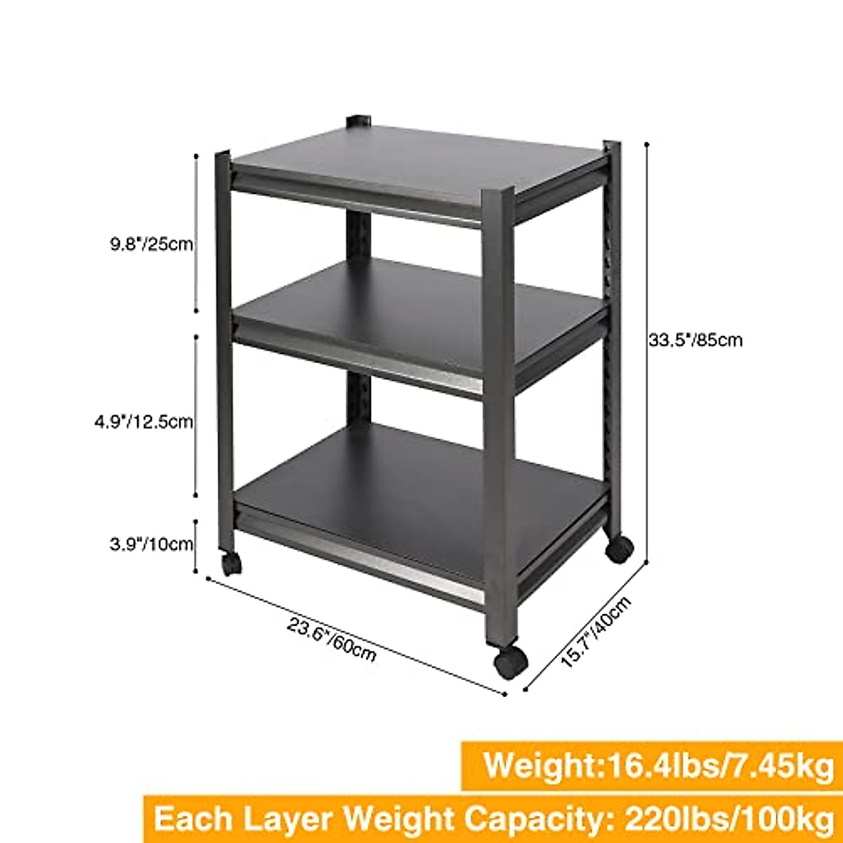 ALAPUR Adjustable Garage Shelving Heavy Duty with Wheels,3 Tier Metal Garage Storage Shelves Units for Basement Utility Shed Workshop, L23.6''xW15.7''xH33.5'',Black