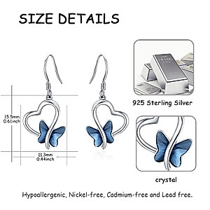 Butterfly Earrings 925 Sterling Silver Heart Butterfly Dangle Drop Earrings with Crystal Butterfly Jewelry Gifts for Women Girlfriends