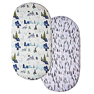 Baby Bassinet Sheet for Boys and Girls, Cradle Mattress Sheet, Polyester Baby Bedside Cover, Universal for Rectangle, Oval, Hourglass Bassinet Mattress, Soft & Breathable, 2 Pack, Mountain & Pine