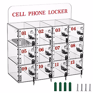 Clear Cell Phone Locker Box with Keys 12 Slots Acrylic Cell Phones Storage Cabinet Wall Mounted Clear Phone Lock Box Classroom Phone Organizer for Pocket Cellphone Holder School Office Classroom