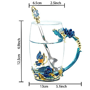 DasyFly Birthday Gifts For Women,Butterfly Flower Glass Tea Cup Sky Blue Rose Coffee Mug For Women Mom Wife Sister Coworker Female Friend on Anniversary Valentines Mothers day Christmas Presents
