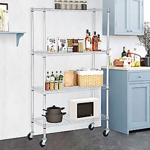 YYkokocat 4 Tier Shelving Unit 62" H Adjustable Metal Shelves w/Wheels Heavy Duty Storage Shelf 1400Lb Capacity Garage Shelving Storage Wire Shelving for Kitchen, 36" L x 14" D x 62" H, Chrome