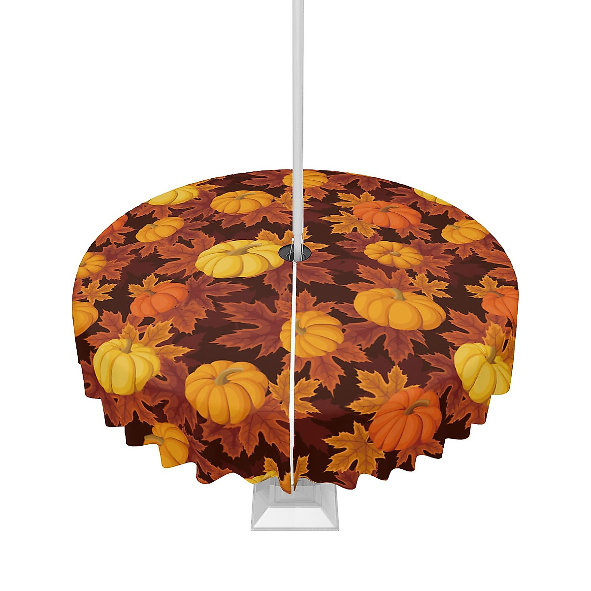 Thanksgiving Outdoor Tablecloths with Umbrella Hole and Zipper, Fall Pumpkin Maple Leaves Orange Yellow Brown Waterproof/Stain Resistant Round Table Cloth 54'' Patio Table Cover for Picnic/Party