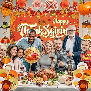 Trgowaul Happy Thanksgiving Day Decorations, 29pcs Orange thanksgiving Party Supplies, Give Thanks Banner Backdrop, Hanging Swirls&Paper Fan Flower Swirl Autumn Balloons, Fall Party Decorations Set