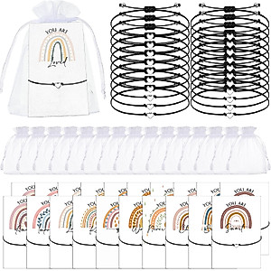 Fumete 20 Sets Inspirational Encouragement Gifts Bulk Employee Appreciation Gift for Women Heart String Bracelets with Cards Bags for Female Coworker Friend(Black)