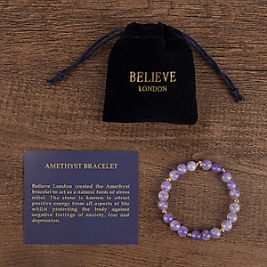 Believe London Co. 6mm Amethyst Beaded Bracelets - Natural Stone Elastic Crystal Bracelet for Women/Men - Long Distance Relationship Gifts - Stress Relief, Healing Crystals & Anxiety Relief
