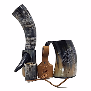 Brainmart Viking Drinking Horn Mug Set Dire Wolf Engraved Viking Gift for Men and Women Food Grade Medieval Style | Bottle Opener Shot Cup (6 Pcs Set)