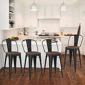 HAOBO Home 24" High Back Barstools Metal Stool with Wooden Seat [Set of 4] Counter Height Bar Stools, Matte Black