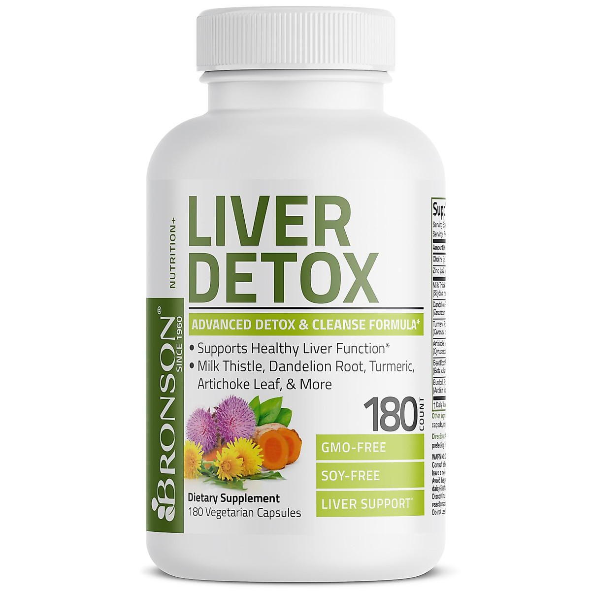 Bronson Liver Detox Advanced Detox & Cleansing Formula Supports Health Liver Function with Milk Thistle, Dandelion Root, Turmeric, Artichoke Leaf & More, Non-GMO, 180 Vegetarian Capsules