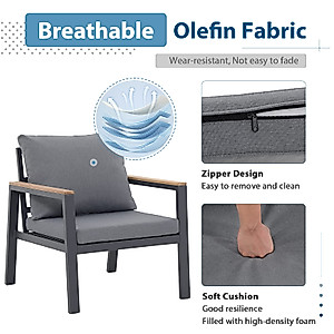 JOIVI Aluminum Patio Furniture Set 5 Pieces Outdoor Conversation Set with Teak Coffee Table & Cushions, Outdoor Patio Furniture Sectional Patio Sofa Outside Furniture for Deck, Backyard, Gray