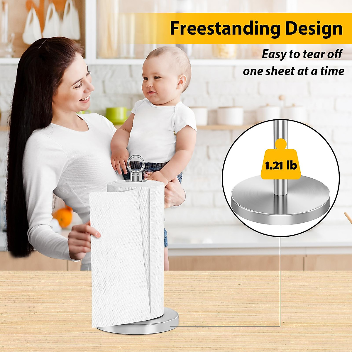 Coopvivi Paper Towel Holder Stainless Steel - One Hand Tear Paper Towel Dispenser Standing Weighted Base Non Slip, Stainless Steel Paper Towel Fits in Kitchen (Silver)