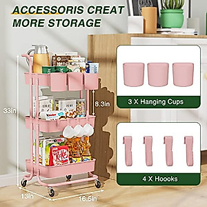 3-Tier Rolling Mobile Utility Cart with Hanging Cups & Hooks & Handle Multifunctional Organizer Storage Trolley Service Cart with Wheels Easy Assembly for Office, Bathroom, Kitchen(Pink)