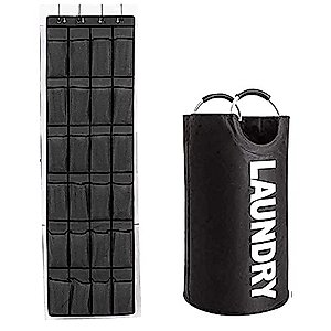 Gorilla Grip Over The Door Mesh Pocket Shoe Organizer and Laundry Basket, 24 Pocket Shoe Organizer and 80L Laundry Basket both in Black Color, 2 item Bundle