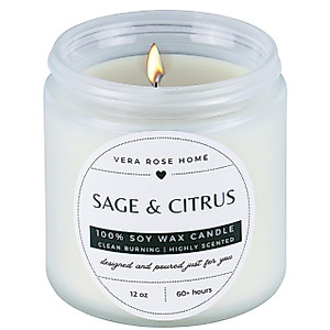 Vera Rose Home Sage & Citrus Scented Soy Candle Long Burning Highly Scented Candles 60+ Hours Clean Burning White Natural, Christmas Gift Odor Eliminating Candle Safe for Pets 12oz Jar Candle