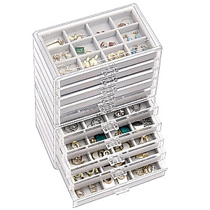 ProCase Earring Holder Organizer Jewelry Box with 10 Drawers, Acrylic Clear Earring Case with Adjustable Velvet Trays for Women - Grey, 10 Layers
