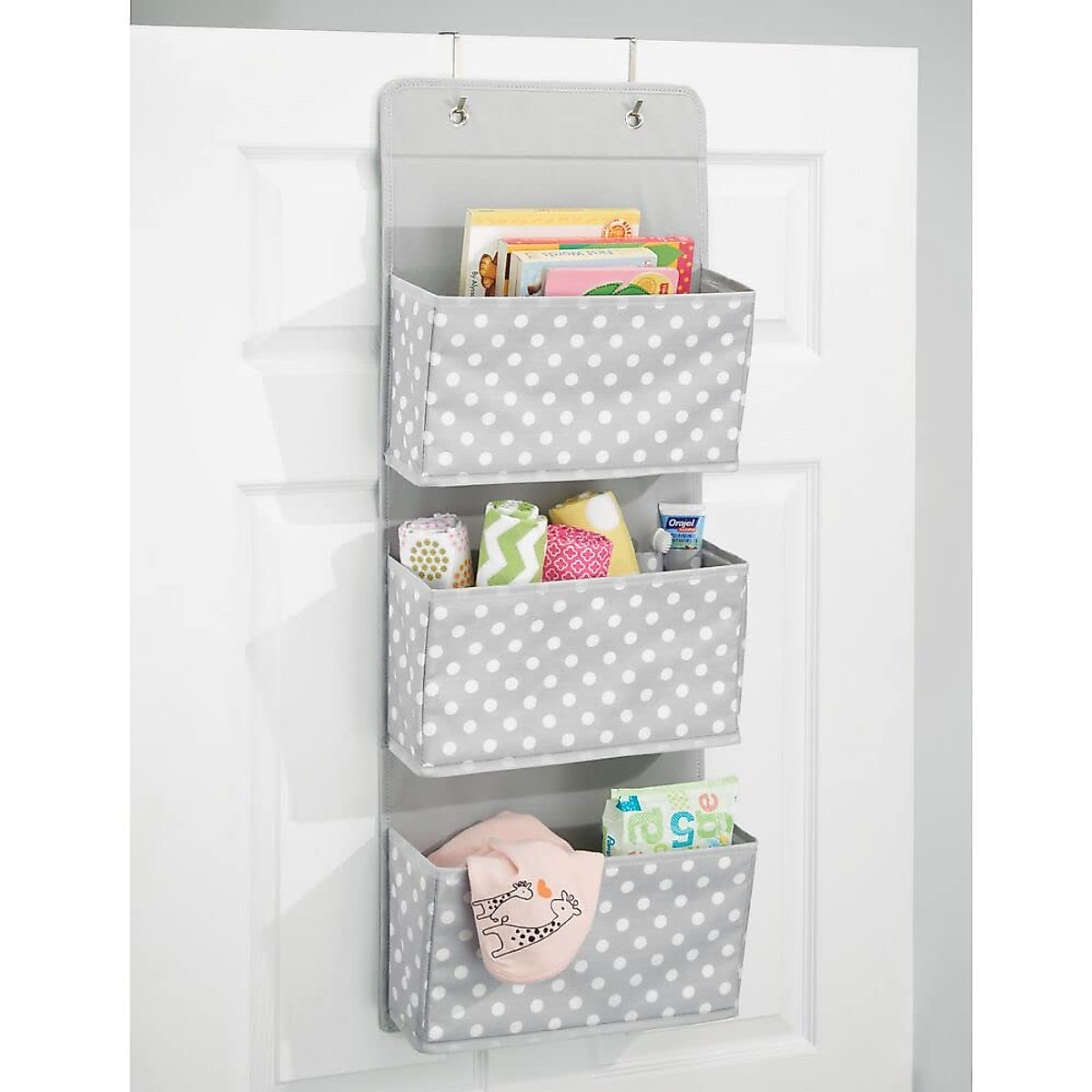 mDesign Fabric Baby Nursery Hanging Organizers for Over The Door Storage for Kids - 3 Pocket Organizer Caddy with Hooks for Clothing, School, Diaper, Toy, and Outfit Storage - Polka Dot, Gray/White