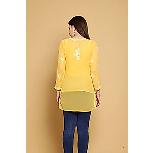 Ada Indian Handcrafted Chikankari Yellow Georgette Kurti Top Tunic with inner for Women A911304 (L)