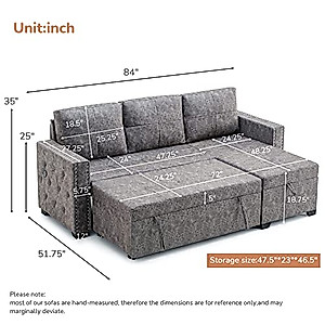 GLORHOME L Shape Storage Bed Pull Out Sleeper Sectional Couch with Upholstered with Nail Head Trim, 3-Seater Sofa for Living Room Furniture Set, Gray