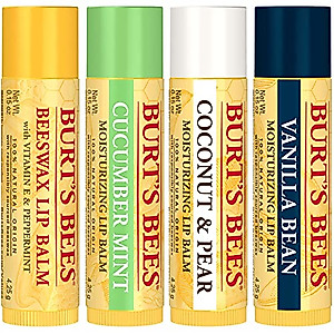 Burt's Bees Lip Balm Easter Basket Stuffers, Moisturizing Lip Care Spring Gift, for All Day Hydration, 100% Natural, Original Beeswax, Cucumber Mint, Coconut & Pear & Vanilla (4 Pack)