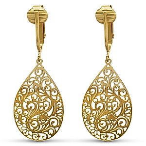 Aloha Earrings - Victorian Filigree Clip On Earrings for Women - Non Pierced Dangle Fashion Jewelry (Small Filigree- Gold Tone)
