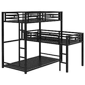 VOGU Metal Twin Over Bunk Bed, L-Shaped Triple Bunk Bed Attached Twin Loft Bed, Triple Bunk Bed Frame with LadderFull-Length Guardrails, Maximum Load 400 lbs for Kids Teens Adults, Black(Triple Bed)