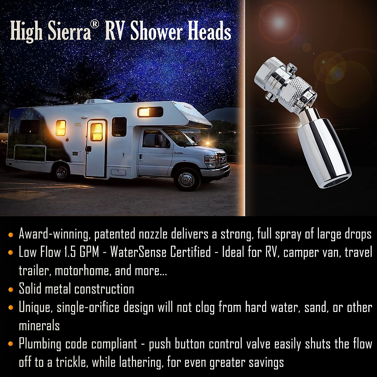 High Sierra Showerheads® - Fixed RV Shower Head with On Off Switch (Plumbing Code Compliant) - Solid Metal Construction - 1.5 GPM - Chrome