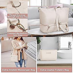 ETRONIK Weekender Bag for Women, Expandable Travel Duffel Bag with USB Charging Port, Gym Bag with Shoe Compartment and Wet Pocket, Carry On Tote Bag for Women Travel Airplanes 3Pcs Set, Beige