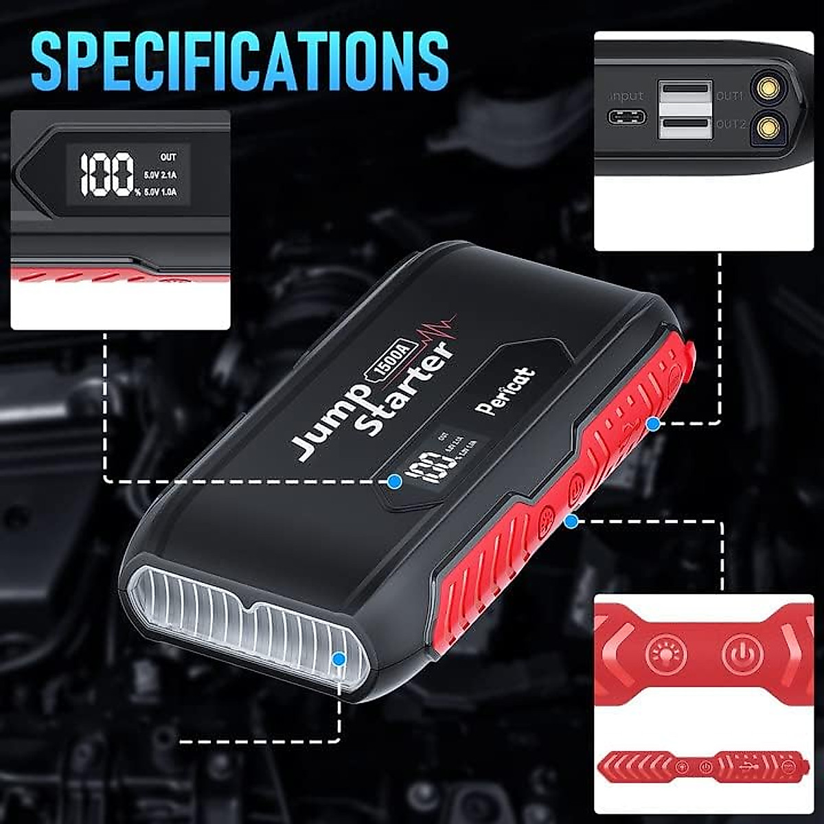 1500A Peak 18000mAh Portable Jump Starter Pack(Up to 7.0L Gas and 5.5L Diesel Engine), 12V Auto Booster Battery Charger Lithium Car Jump Starter Box with LED Screen & Light