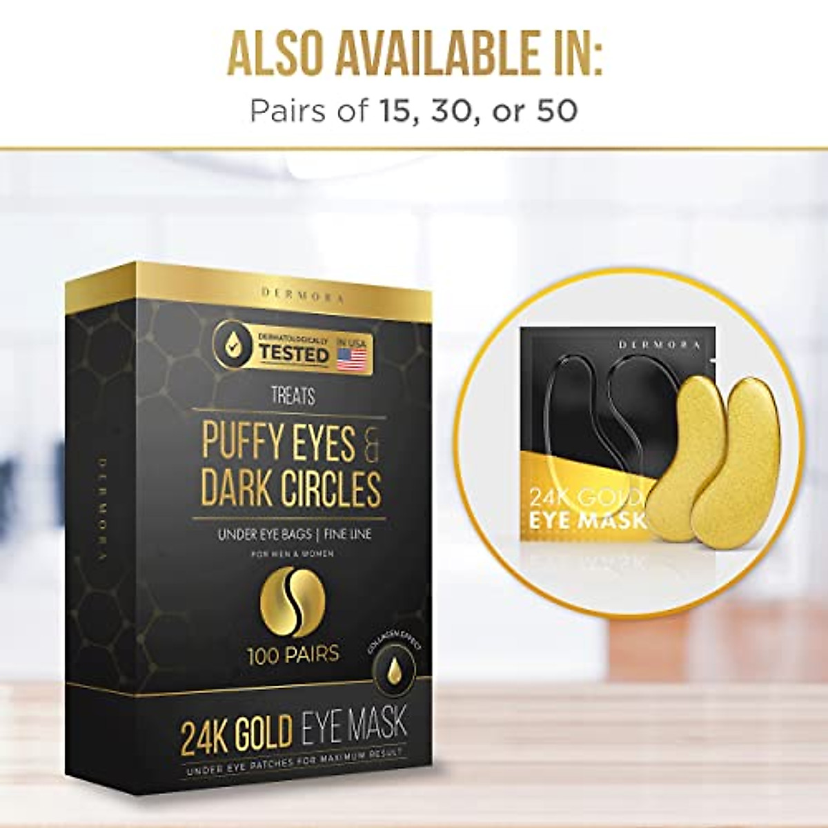 DERMORA 24K Gold Eye Mask Puffy Eyes and Dark Circles Treatments Look Less Tired and Refresh Your Skin, 20 Pairs