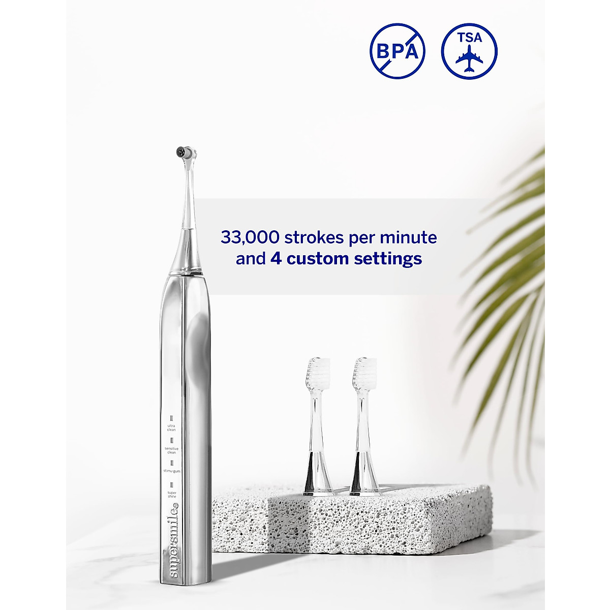 Supersmile Zina45 Deluxe Sonic Pulse Electric Toothbrush, Rechargeable Whitening Tooth Brush, Silver