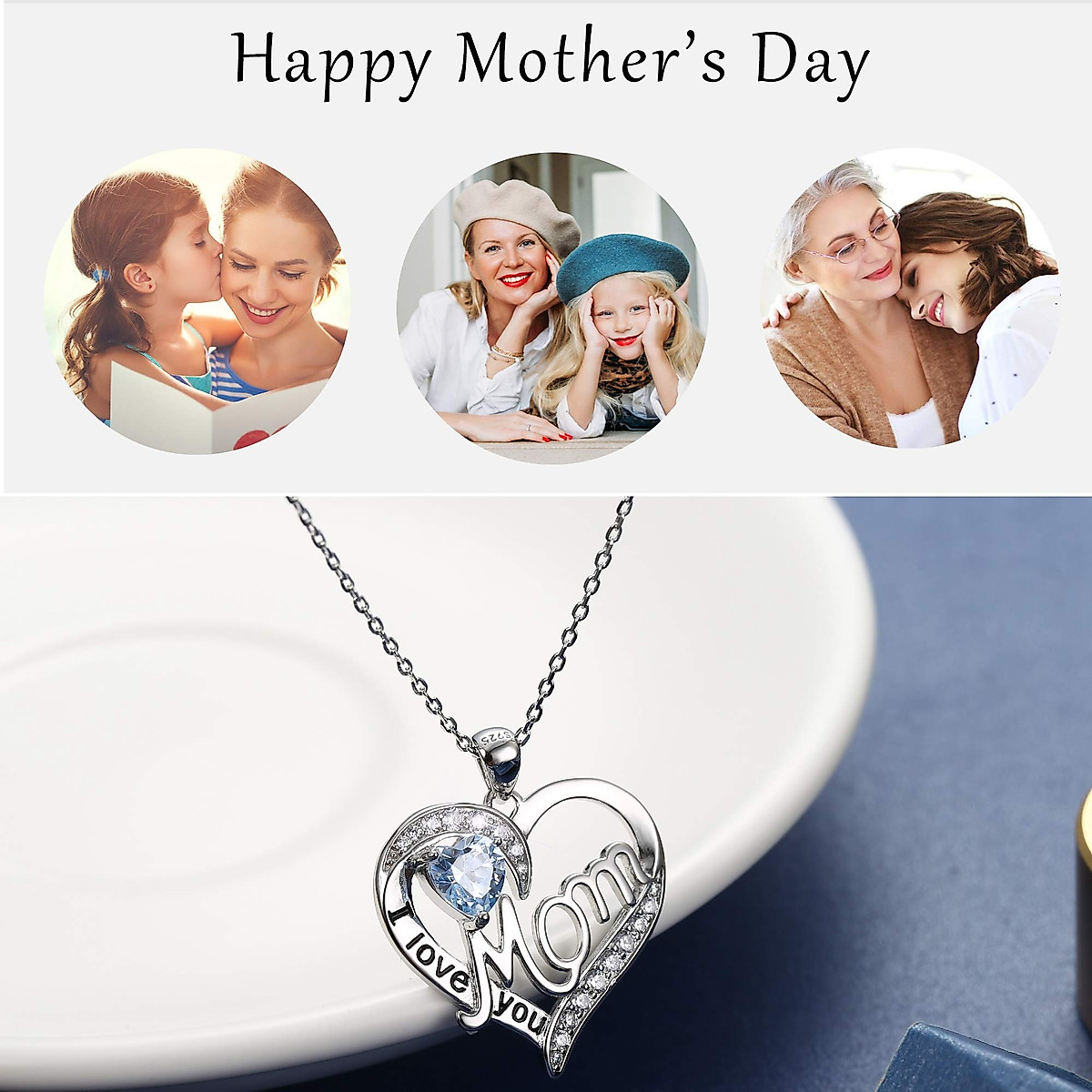 Sllaiss Love Heart Mom Necklace 925 Sterling Silver Birthstone Pendant Necklaces Birthday Mother's Day Jewelry Gift for Women