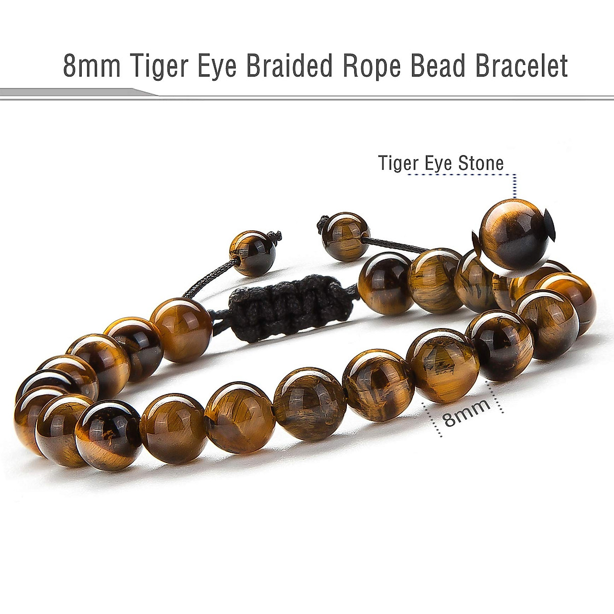 Hamoery Men Women 8mm Tiger Eye Stone Beads Bracelet Braided Rope Natural Stone Yoga Bracelet Bangle(Tiger Eye Stone)