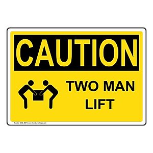 ComplianceSigns.com Caution Two Man Lift OSHA Safety Label Decal, 5x3.5 in. Vinyl 4-Pack for Industrial Notices
