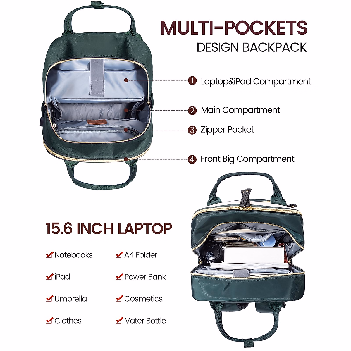 LOVEVOOK Laptop Backpack for Women, Fits 15.6 Inch Laptop Bag, Fashion Travel Work Anti-theft Bag, Business Computer Waterproof Backpack Purse, Backpacks, Beige-Green-Black