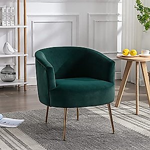 KIVENJAJA Accent Barrel Chair, Modern Velvet Upholstered Club Armchair, Arm Chairs for Living Room Bedroom Small Space Plush with Golden Metal Legs, Dark Green