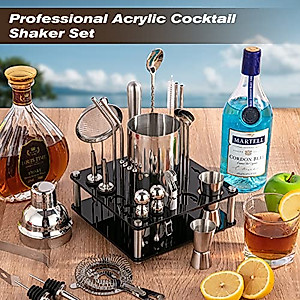 KINGROW Mixology Cocktail Shaker Set - Complete 29-Piece Bartender Kit and Bar Tools with Acrylic Rotating Stand, Professional Bar Set for Drink Mixing, Home, Bar, Party (Sliver)