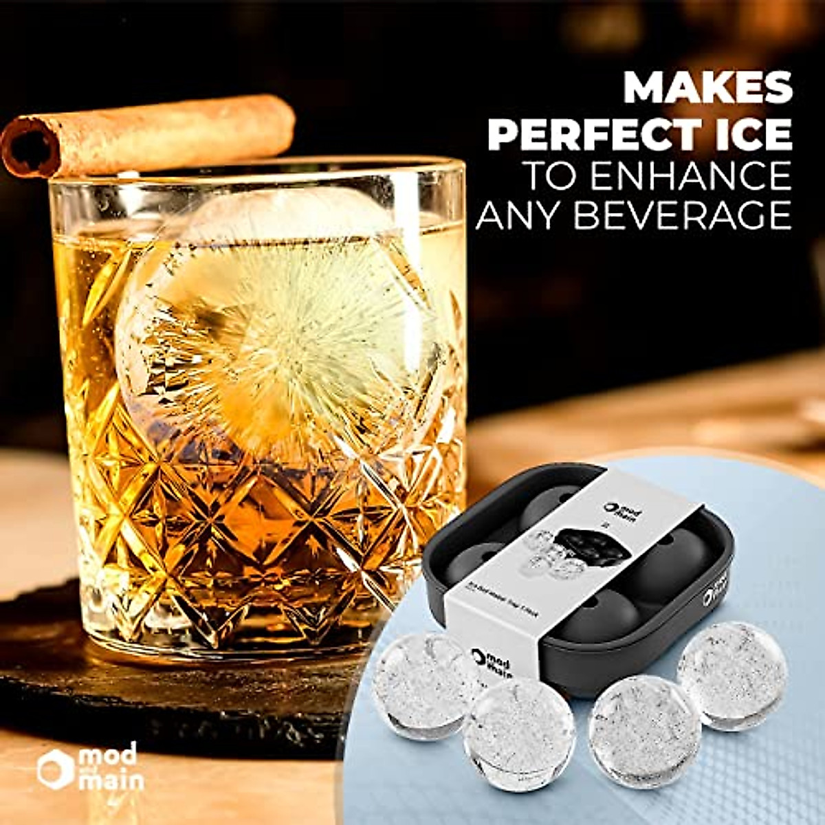 Mod And Main Ice Ball Maker Mold Makes 4 X 1.78" Ice Balls For Whiskey - Big Ice Cube Molds For Bourbon - Black Round Ice Cube Trays - Sphere Ice Cube Mold - Round Ice Cube Mold Ice Tray - 1pk