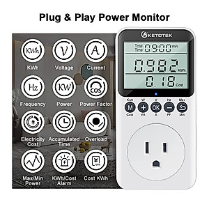 KETOTEK Watt Meter Plug-in Socket Power Meter, Kilowatt Wattage Voltage Tester, Home Electricity Usage Monitor with Overload Protection, LCD Display Energy Voltage Amps Power Consumption Monitor