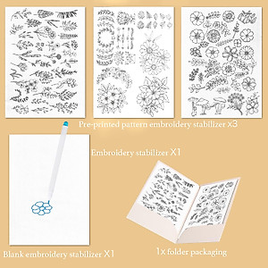 yklbpd 100-Pack Water-Soluble Stabilizer and Adhesive Embroidery Paper, with 3 Sheets of A4 Pre-Printed Patterns and 1 Blank Stabilizer + 1 Water-Soluble Marking Pen. Suitable for Hand Sewing.
